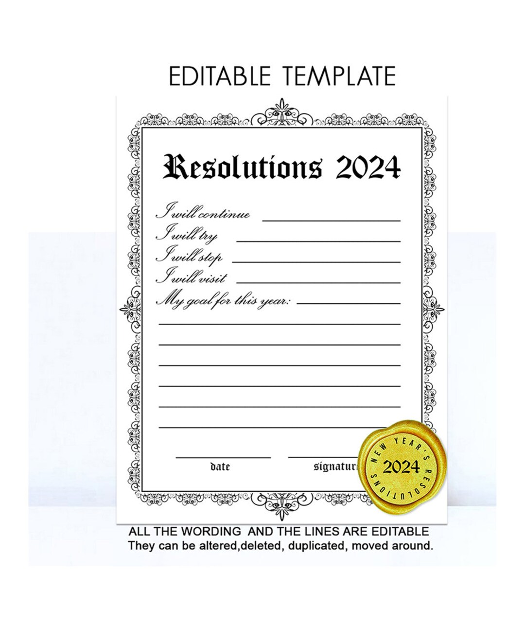 Editable 2024 New Years Resolutions, Printable New Year Goals List, New ...