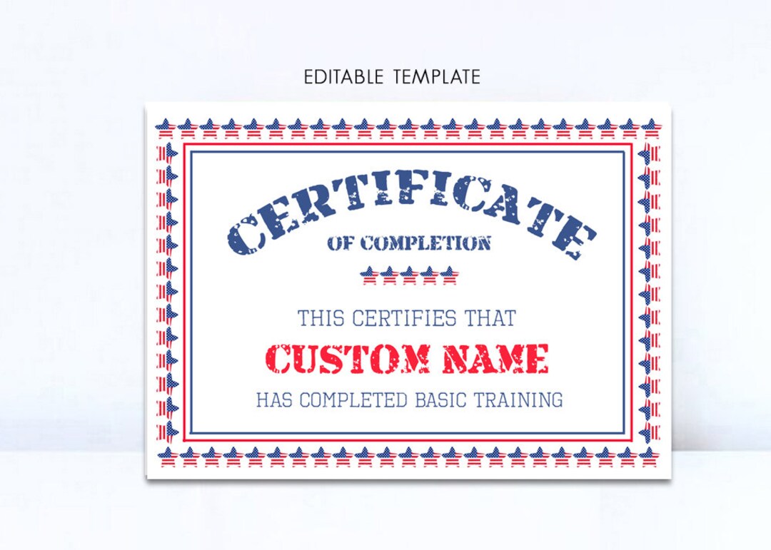 Boot Camp Certificate of Completion Template, Printable Army Basic ...