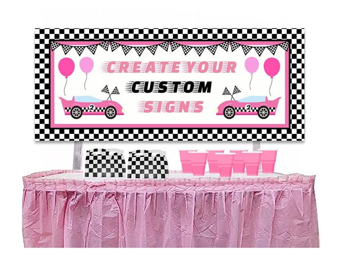 Editable Pink Race Car Party Sign, 29.5x12.3, Printable, Racing Car ...