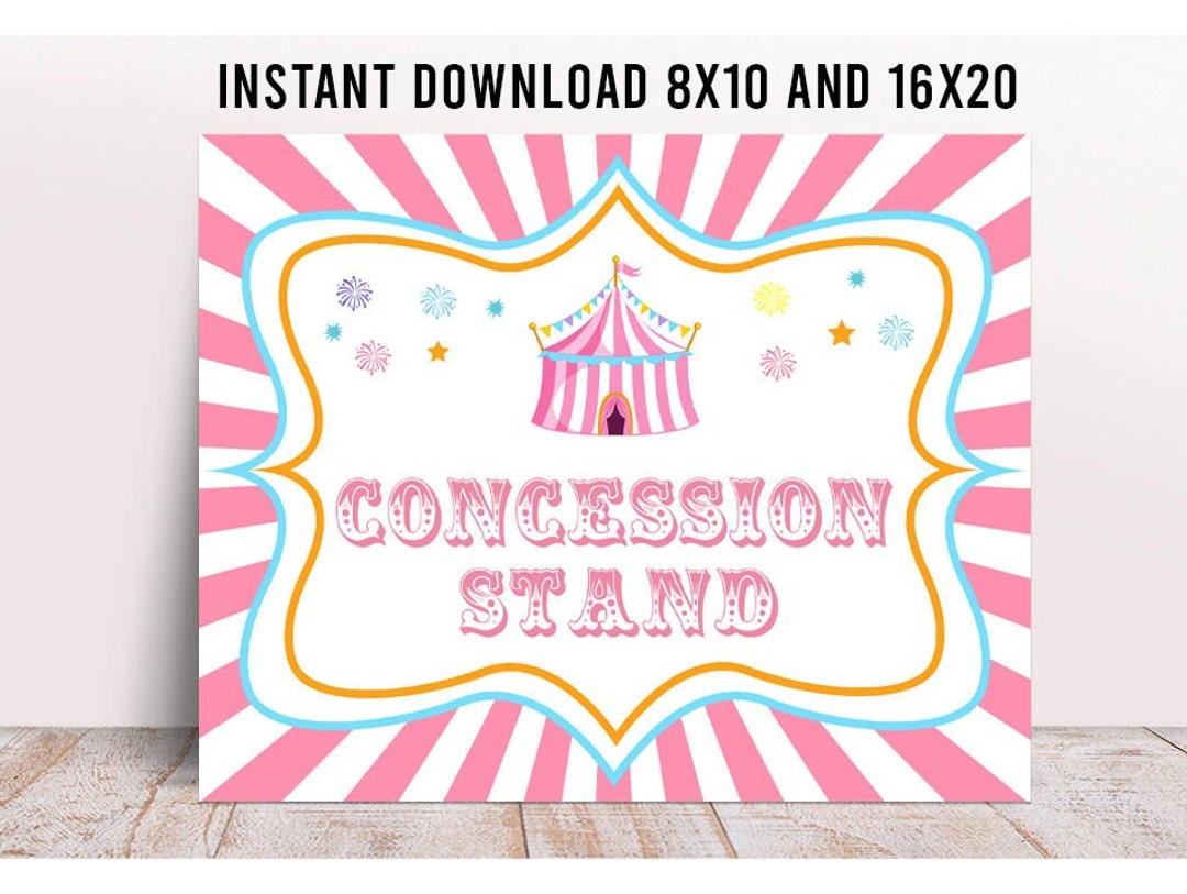 Pink Carnival Party Concession Stand Sign, Printable, Circus Birthday ...