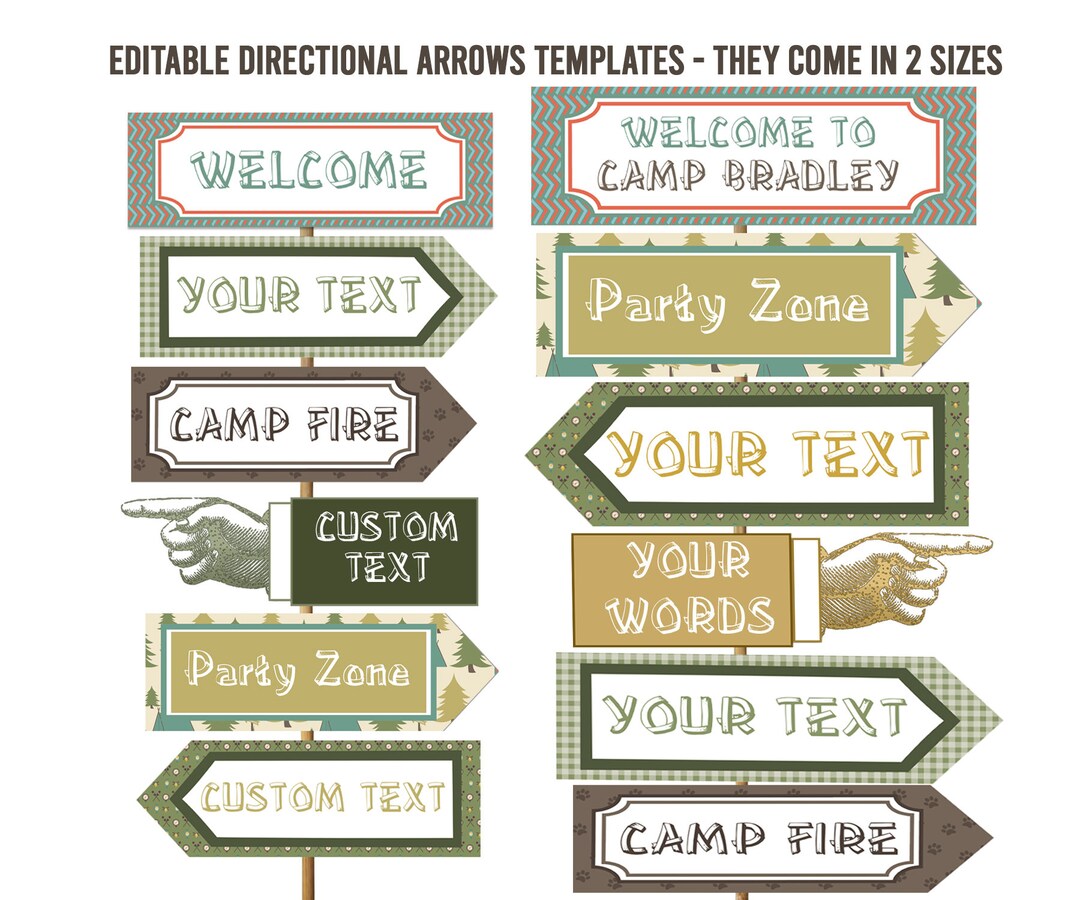 Editable Camping Signs Direction Arrows, Camping Arrows, Printable ...