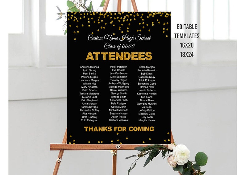 Editable Reunion Attendees Sign, Reunion Classmates Sign, Gold Reunion ...