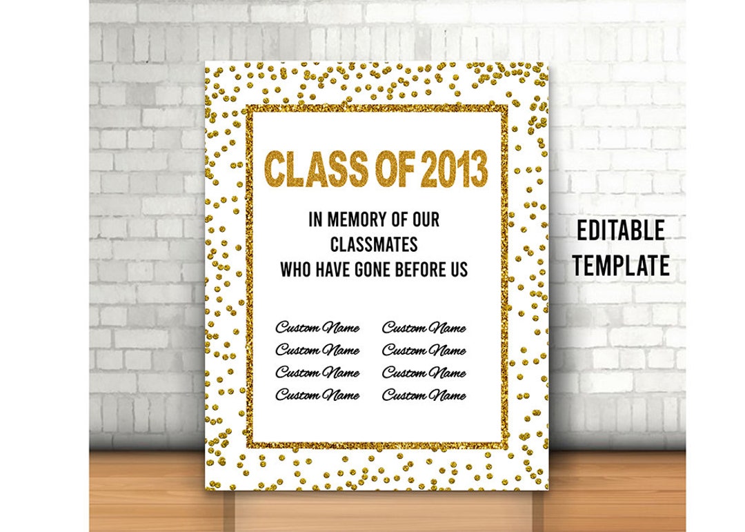 Editable in Memory Sign for Class Reunion, Gold Memorial Sign Template ...