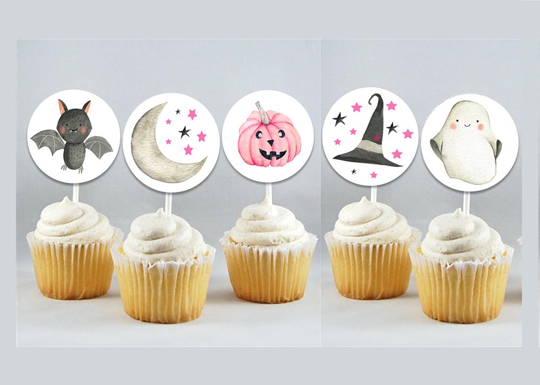 Pink Halloween Cupcake Toppers, Halloween Favor Tags, Little Boo ...