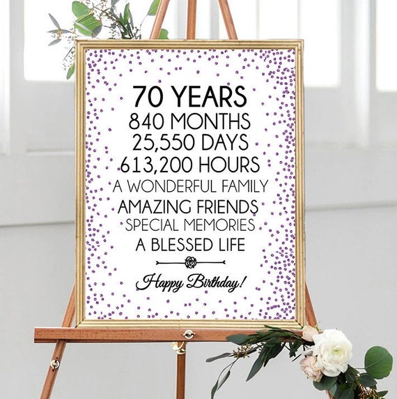 Purple 70th Birthday 8x10 16x20 24x36 Cheers to 70 Years | Etsy
