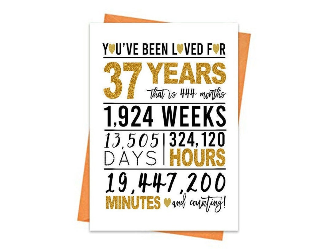 Gold 37th Birthday Card, Printable Birthday Card, 37th Birthday ...