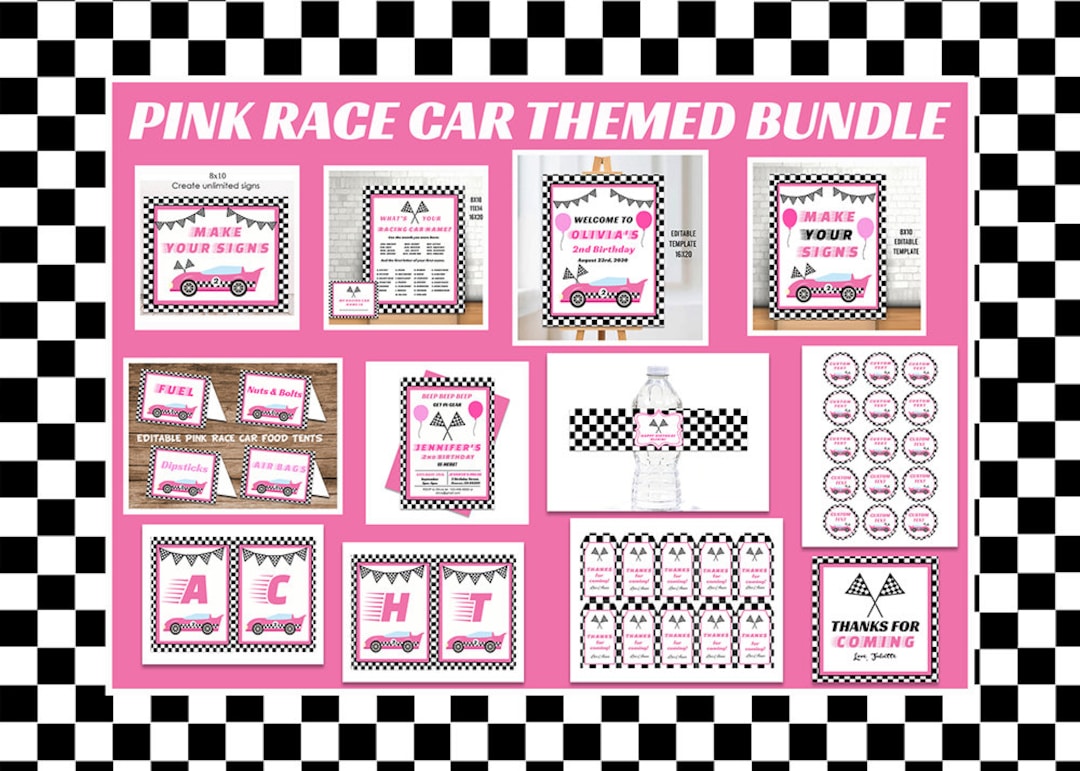 Pink Race Car Party Printable Decorations & Invitation Template Bundle ...
