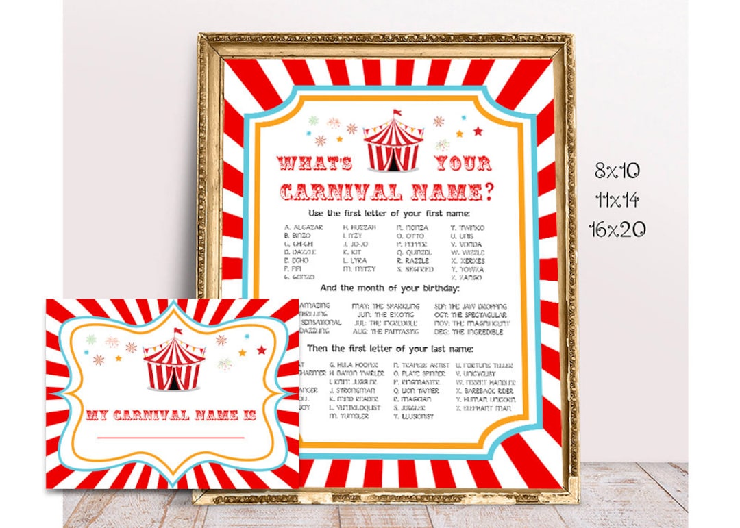 Carnival Name Sign and Card, Printable, Circus Names Poster, What's ...