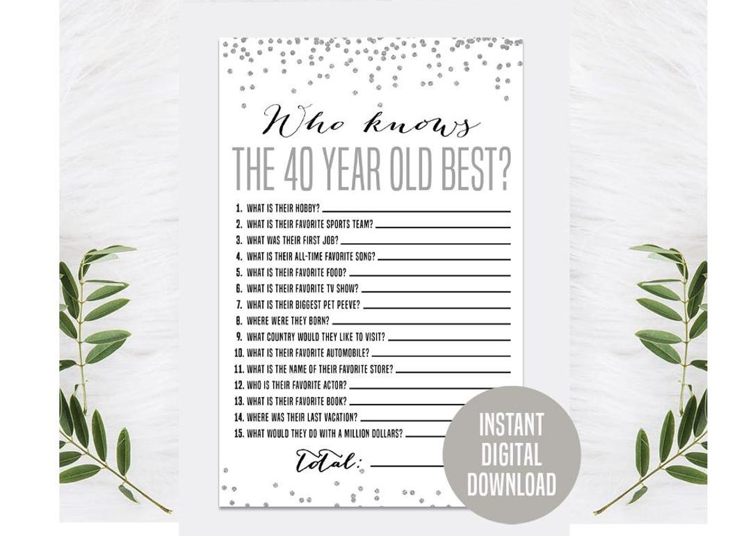 Silver 40th Birthday Game, Printable, 40th Birthday Party Activity ...