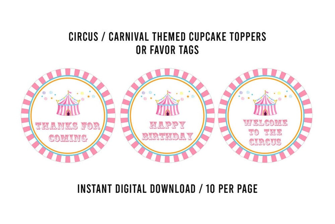 Pink Carnival Cupcake Toppers, Circus Sticker, Circus Tent Cupcake ...