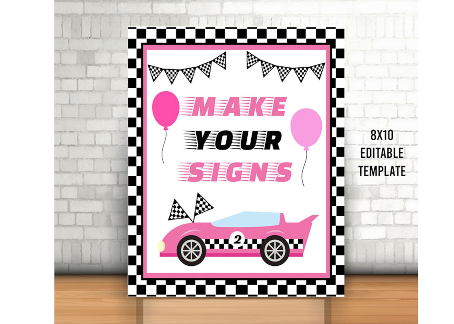 Pink Race Car Party Printable Decorations & Invitation Template Bundle ...