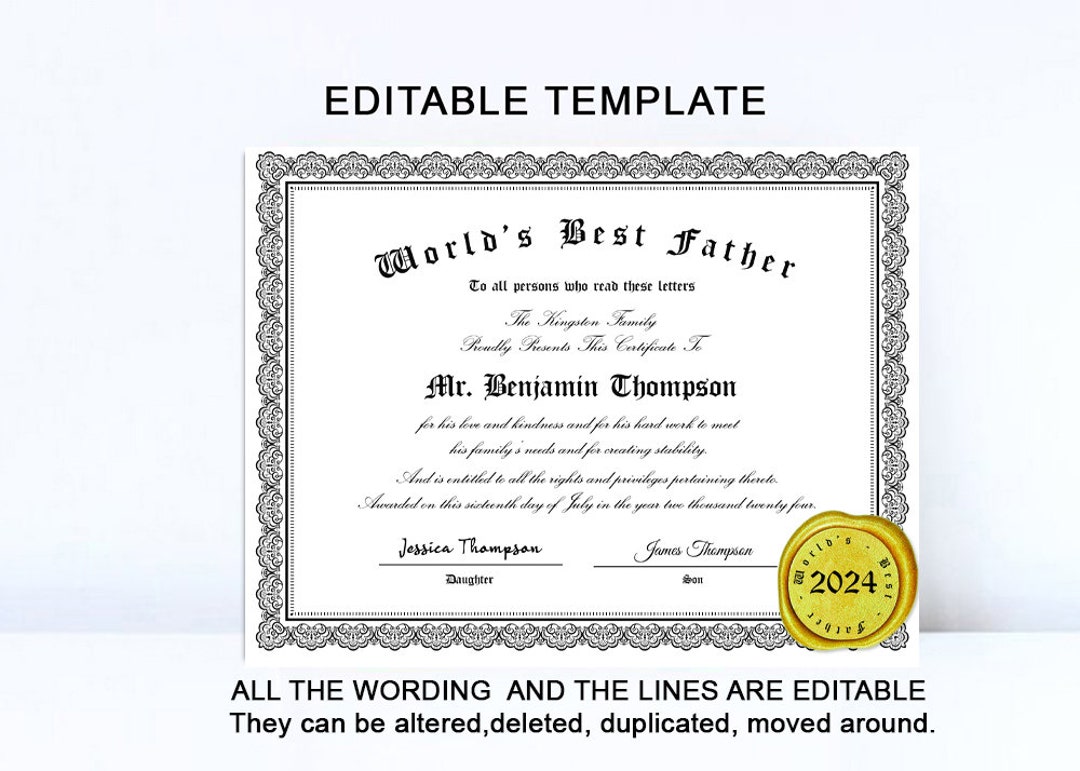 Father's Day Gift, Printable World's Best Dad Certificate, Custom ...