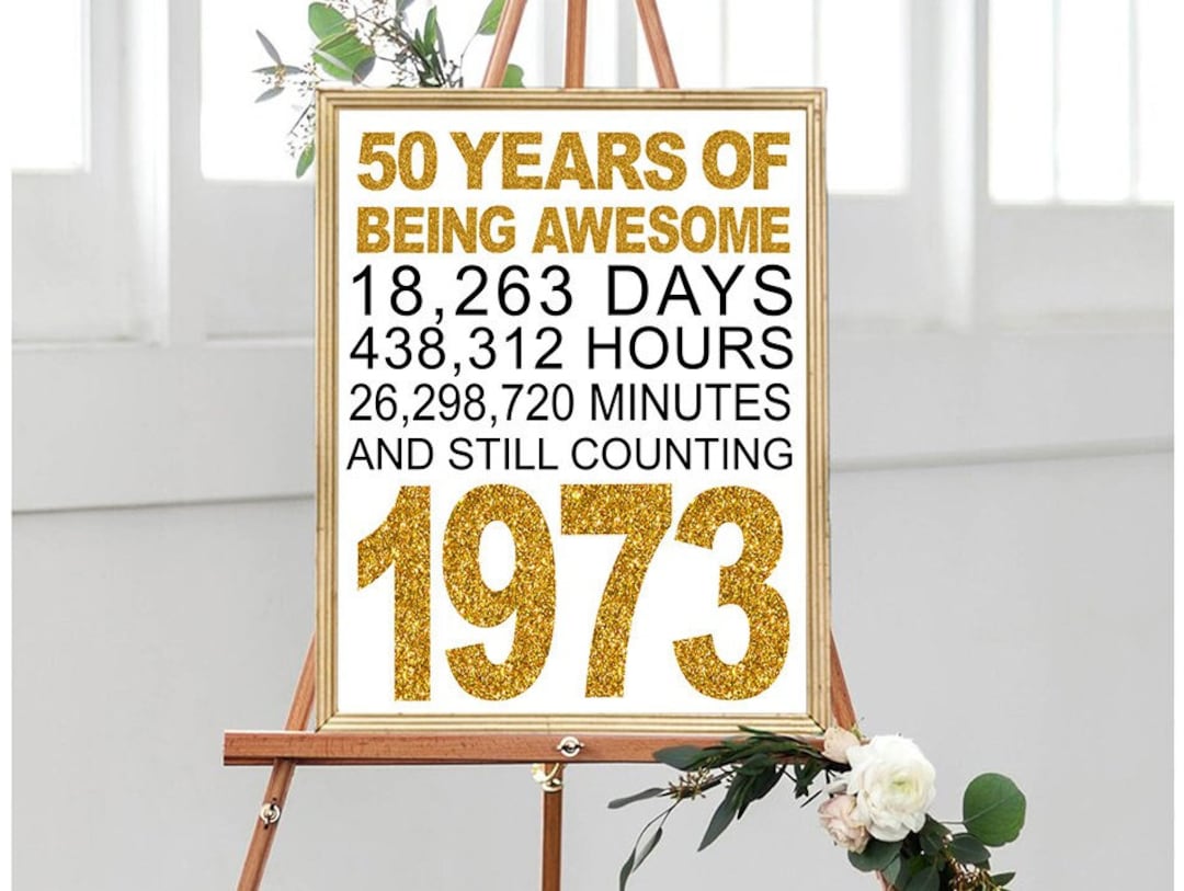 Gold 50th Birthday Sign, 50 Years of Being Awesome Sign, Born in 1973 ...