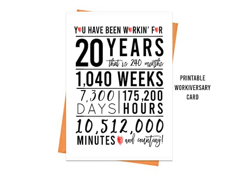 20th Work Anniversary Card, PRINTABLE Anniversary Card, 10th ...