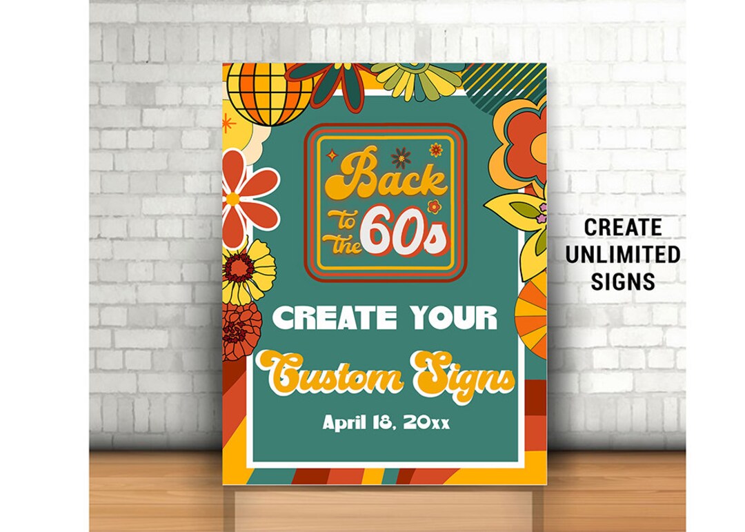 Editable 60s Retro Party Sign, Printable, Retro Floral Sign, Retro ...