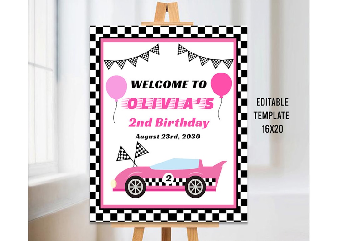 Editable Pink Race Car Welcome Sign, Racing Party, Girl Birthday Party ...