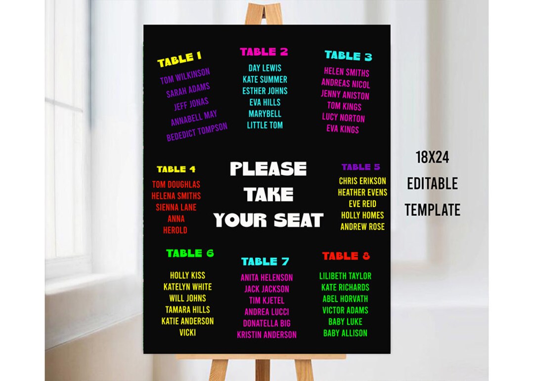 EDITABLE Glow Party Seating Chart, Printable Glow Party Sign ...