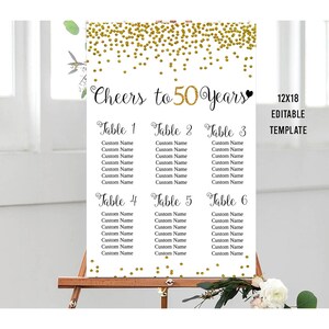 EDITABLE 50th Birthday Seating Chart, Printable Gold Seating Chart ...