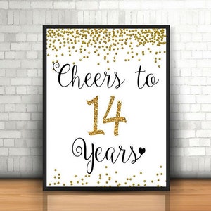 Gold 14th Birthday Decoration, 14th Birthday Signs Bundle, Cheers to 14 ...