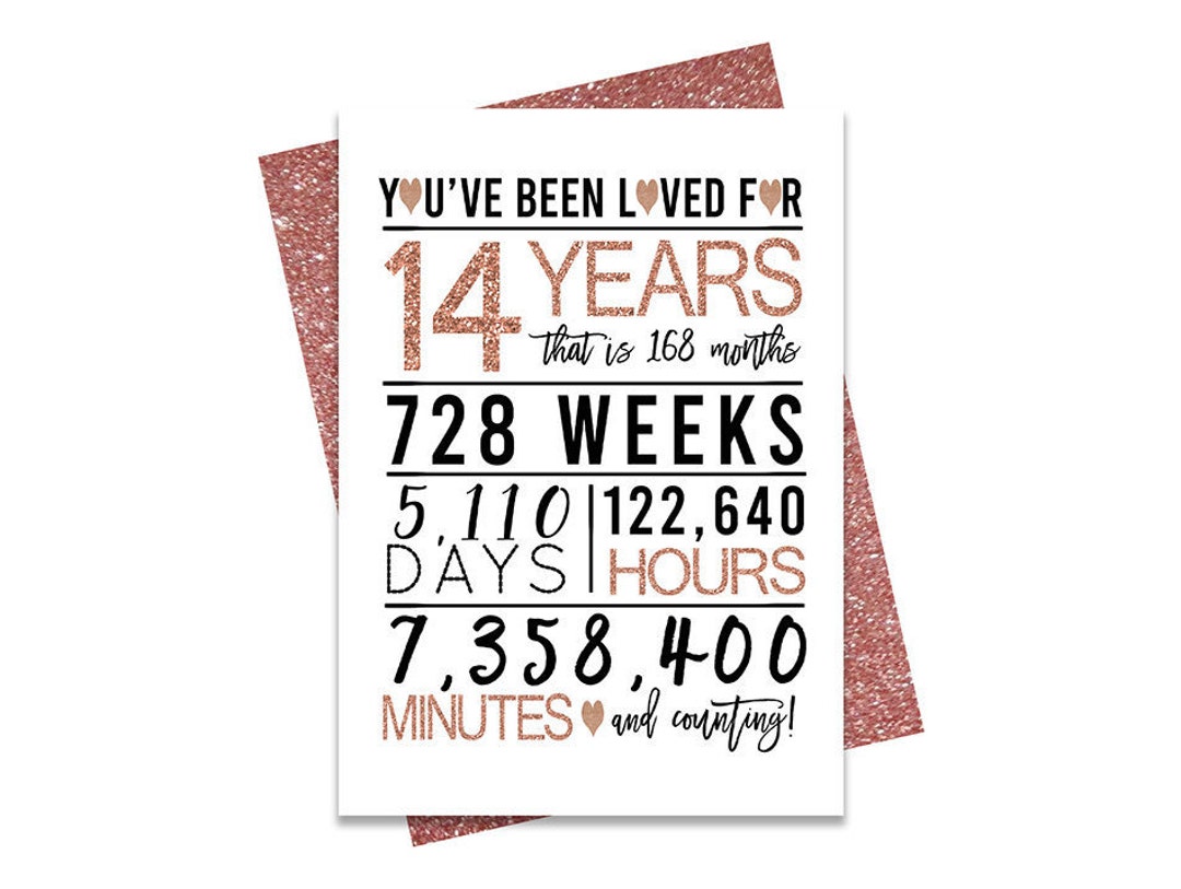 Rose Gold 14th Birthday Card, Printable Birthday Card, 14th Birthday ...