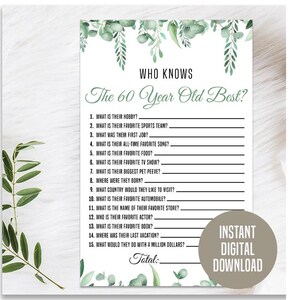 Greenery 60th Birthday Game, Printable, 60th Birthday Party Activity ...