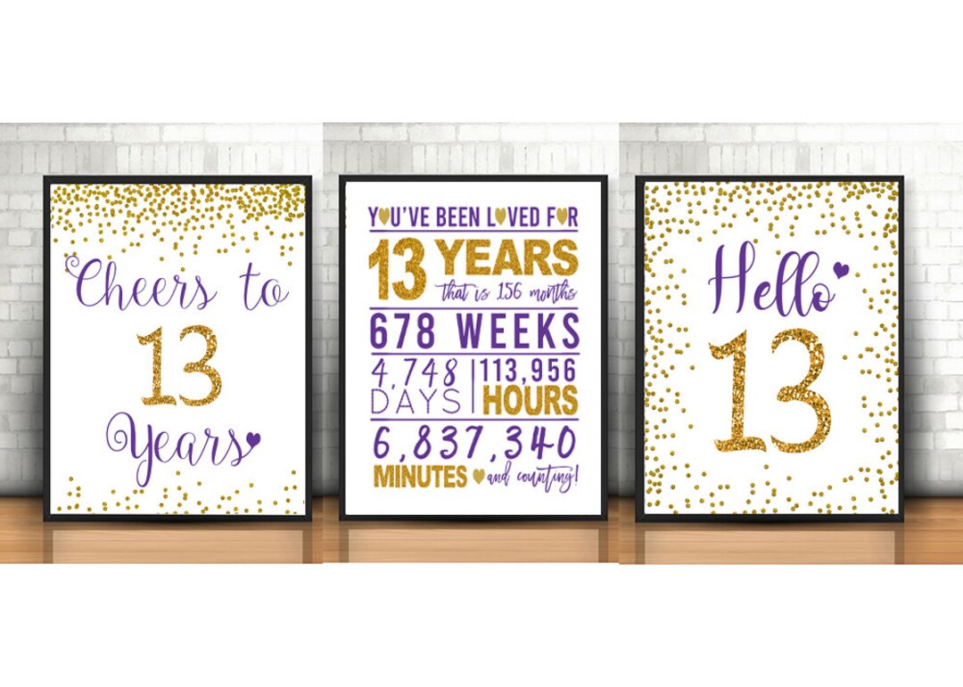 Gold and Purple 13th Birthday Signs Bundle, Cheers to 13 Years, Hello ...