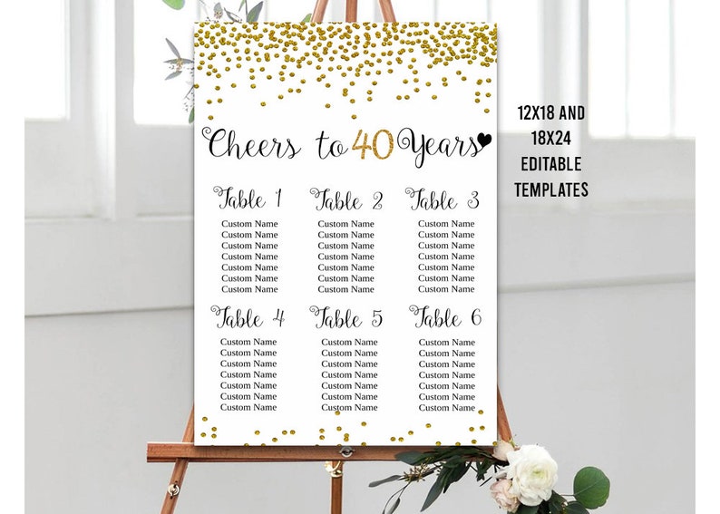 EDITABLE 40th Birthday Seating Chart, Printable Gold Seating, Gold ...