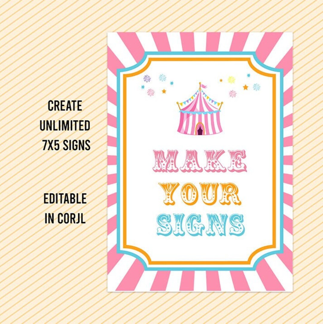 Editable Pink Carnival Party Sign, 5x7, Printable, Circus Tent Sign ...