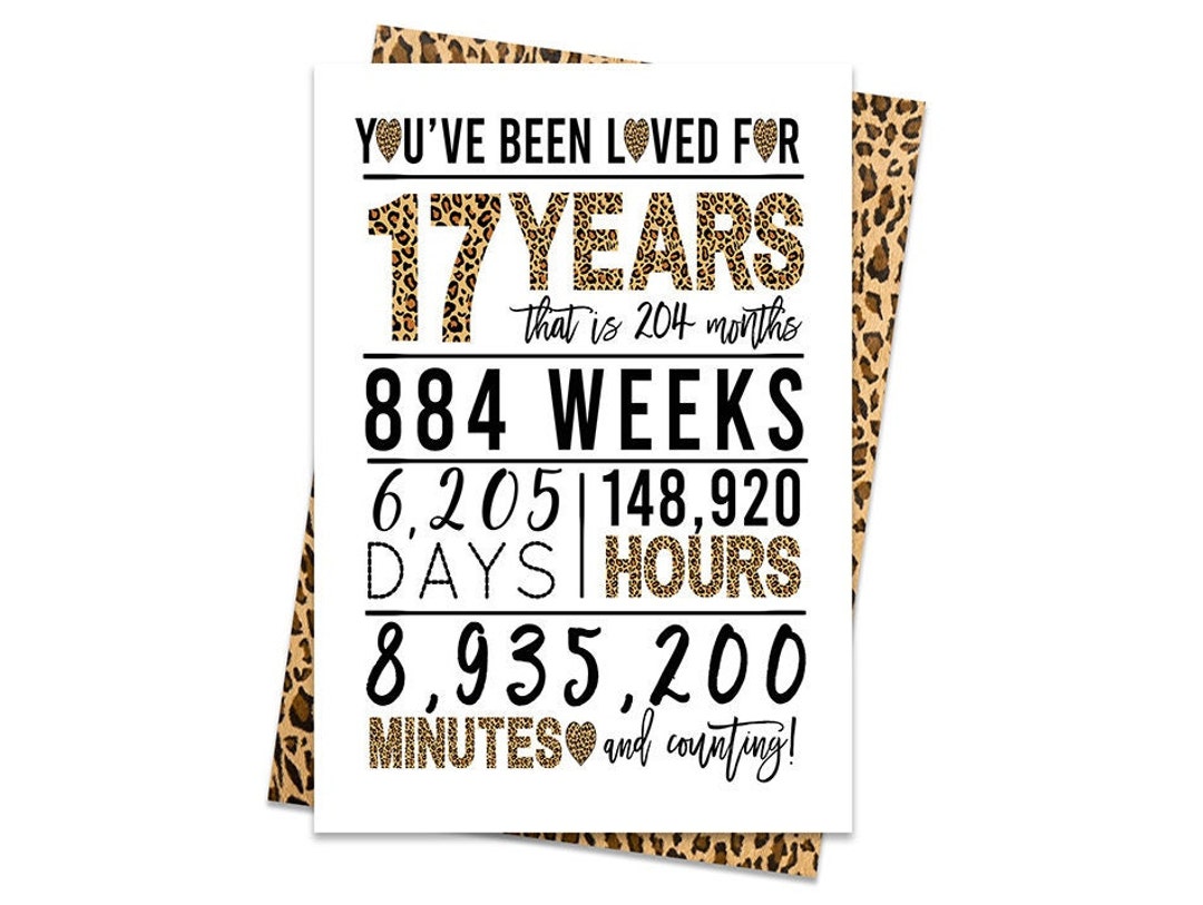 Leopard 17th Birthday Card, Printable Card, 17th Birthday Printables ...