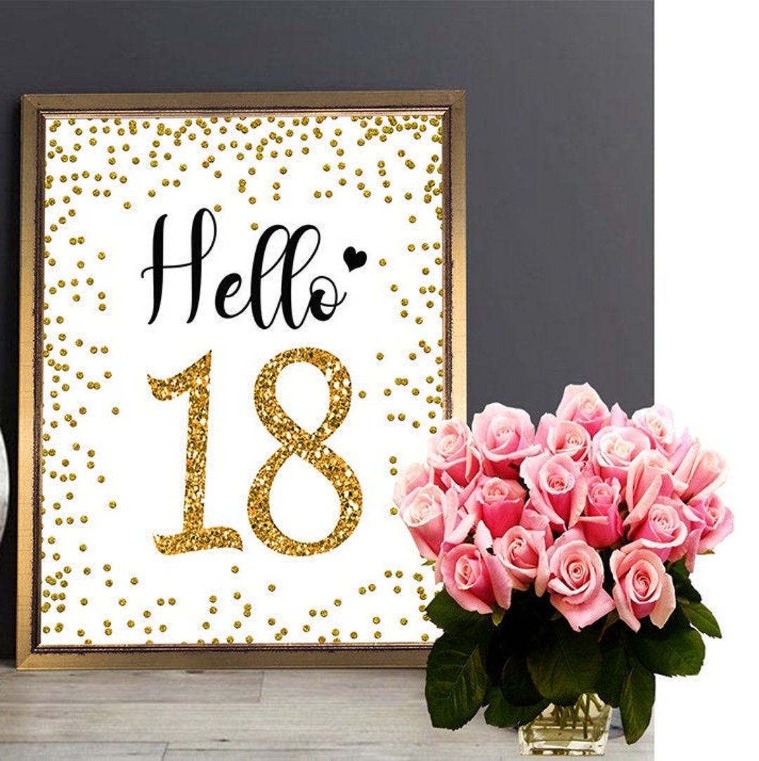 Gold Hello 18 Sign, Printable, Cheers to 18 Years, 18th Birthday Sign ...