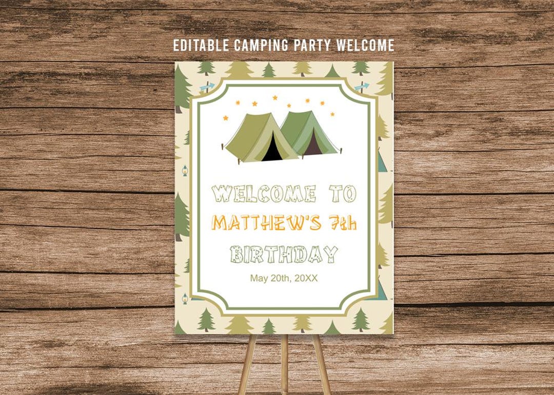 Editable Camping Party Welcome Sign, Printable Camping Welcome Sign ...