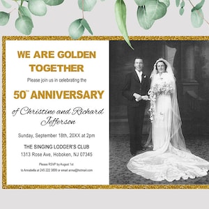 50th Golden Wedding Anniversary Photo Invitation Template, Gold ...