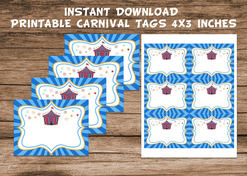 Blue Carnival Birthday Tags, Printable Carnival Theme Labels, Food ...