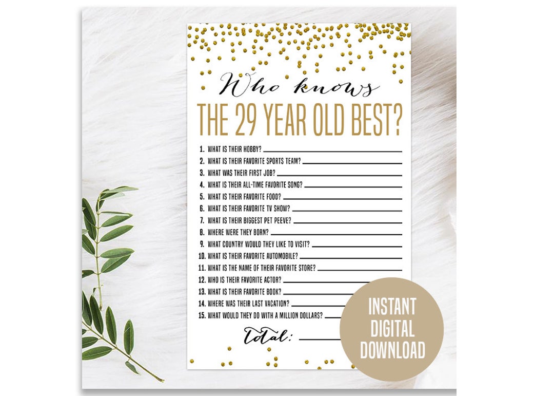 Gold 29th Birthday Game, Printable, 29th Birthday Party Activity, 29th ...