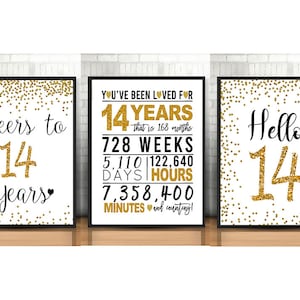 Gold 14th Birthday Decoration, 14th Birthday Signs Bundle, Cheers to 14 ...