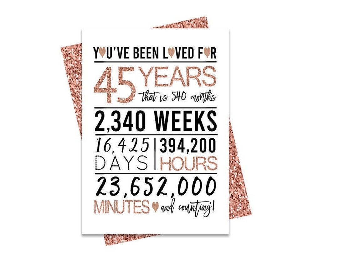 Rose Gold 45th Birthday Card, Printable Birthday Card, 45th Birthday ...