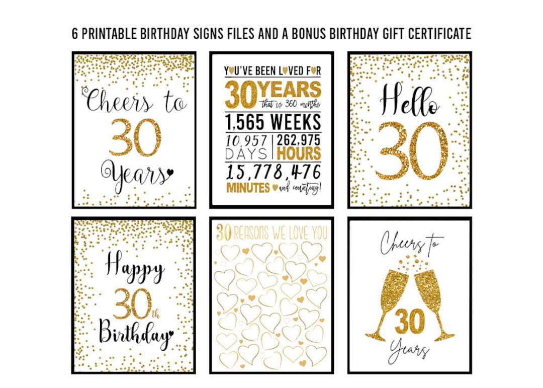 Gold 30th Birthday Signs, Printable, 30th Birthday Signs Bundle, Happy ...