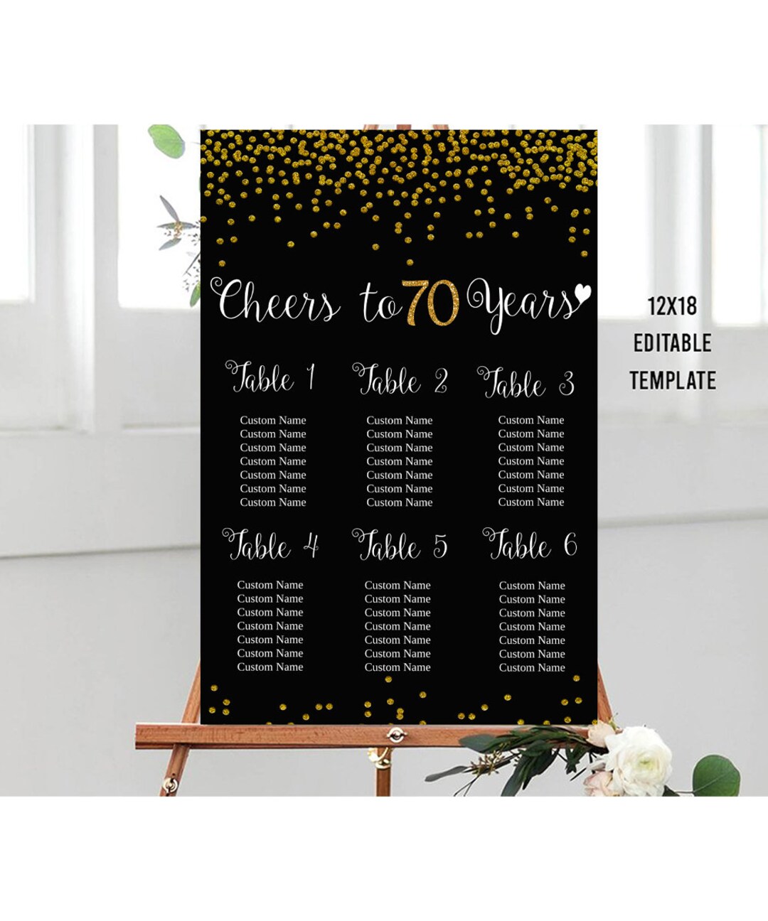 EDITABLE 70th Birthday Seating Chart, Printable Gold Seating Chart ...