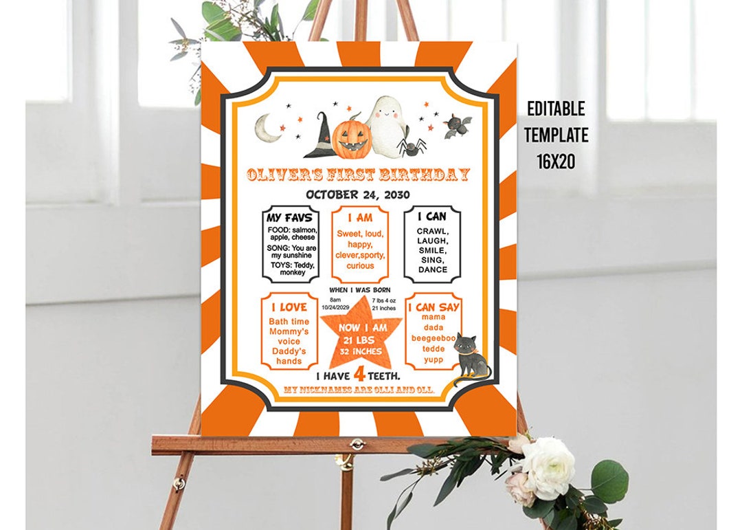 Halloween Birthday Milestone Sign, Editable 1st Birthday Board ...