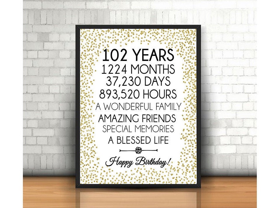 Happy 102nd Birthday, 8x10, 16x20, 24x36, Cheers to 102 Years, 102nd ...