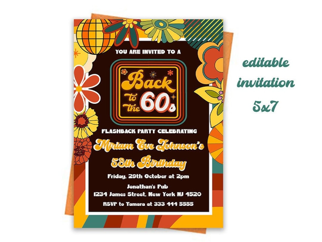 Editable 60's Themed Birthday Party Invitation, Retro Birthday Party ...
