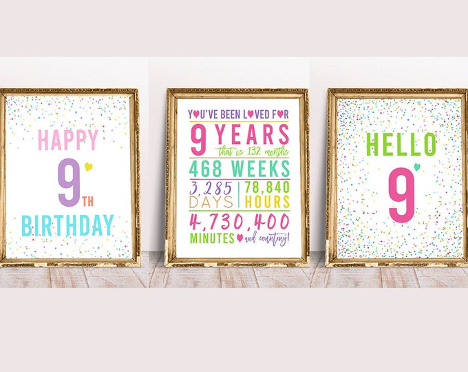 Number 9 Sign Printable Ninth Birthday Party Sign Girl 9th Birthday ...