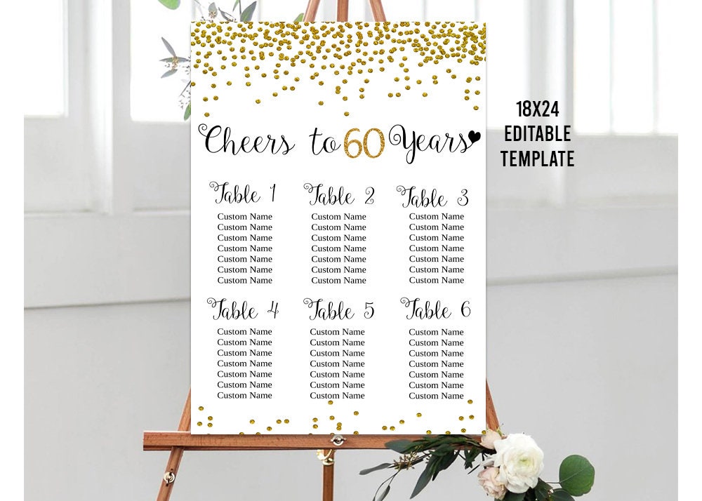 EDITABLE 60th Birthday Seating Chart, Printable Gold Seating Chart ...