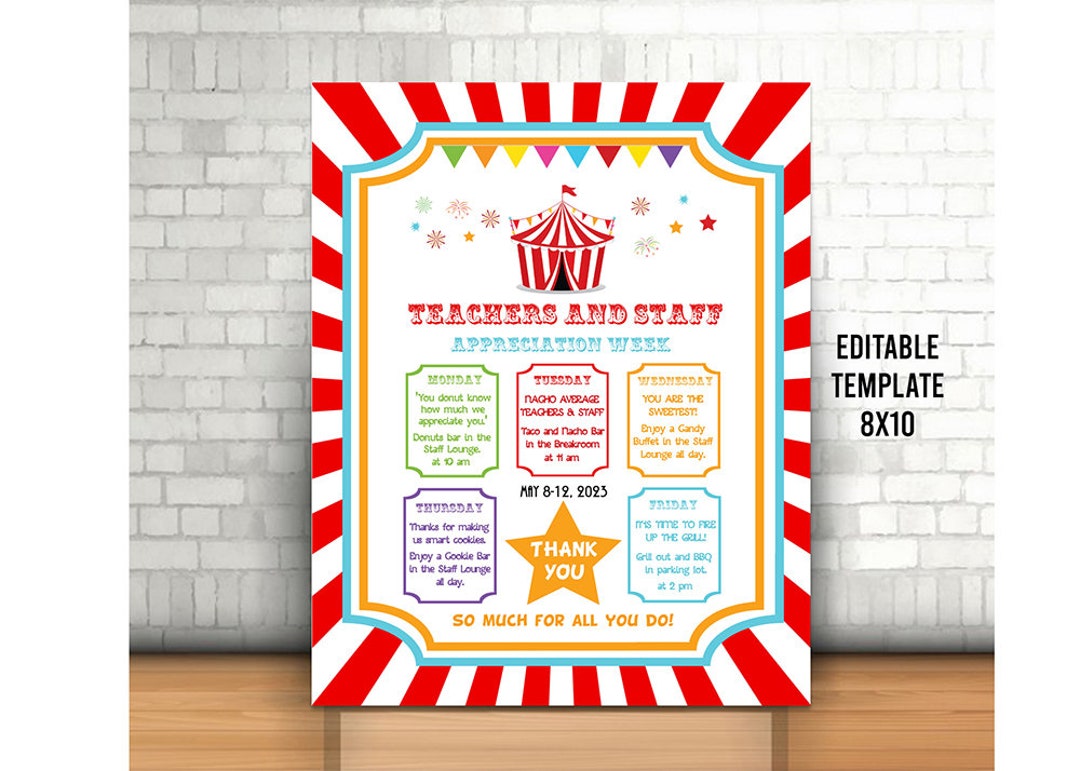 Editable Teacher and Staff Appreciation Week Flyer, Custom Itinerary ...