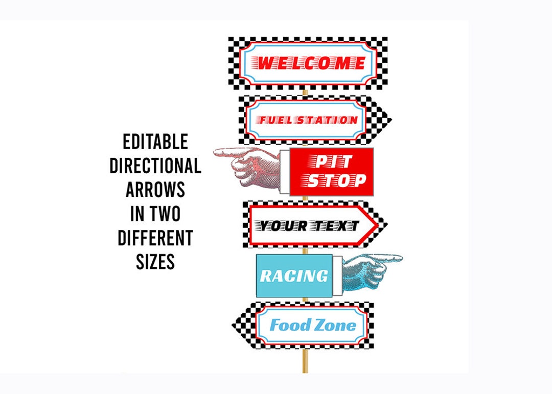 Editable Race Car Signs Direction Arrows, Racing Car Arrows, Printable ...