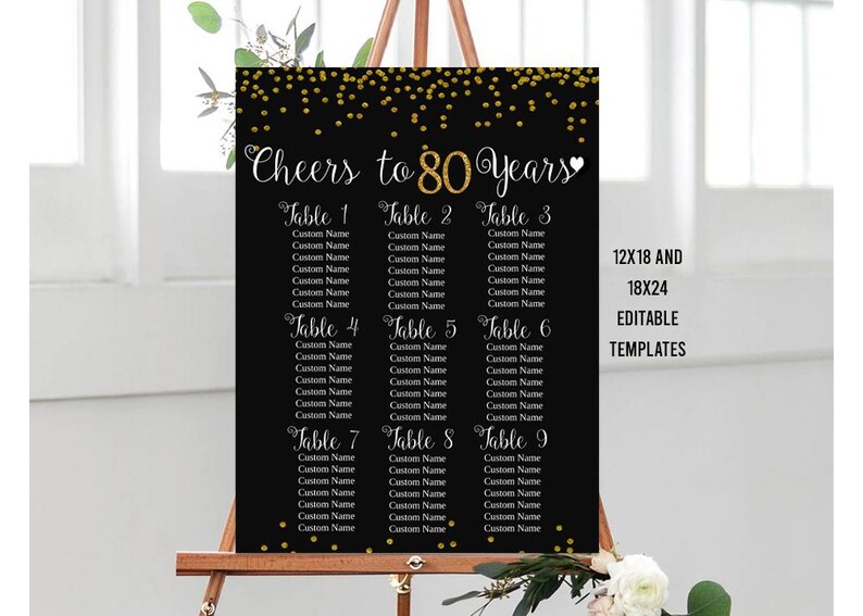 EDITABLE 80th Birthday Seating Chart, Printable Gold Seating Decor ...