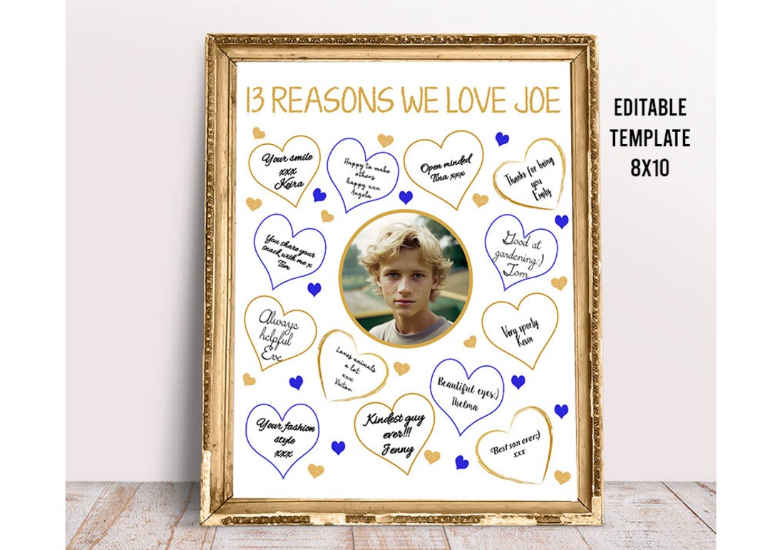 Editable 13 Reasons Template, Birthday Gift for Him, Gold and Blue 13th ...