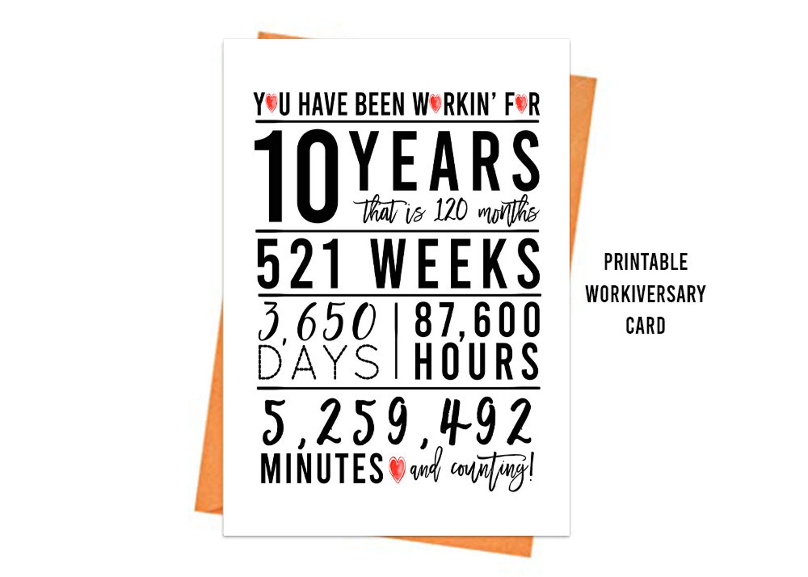 10th Work Anniversary Card, PRINTABLE Anniversary Card, 10th ...