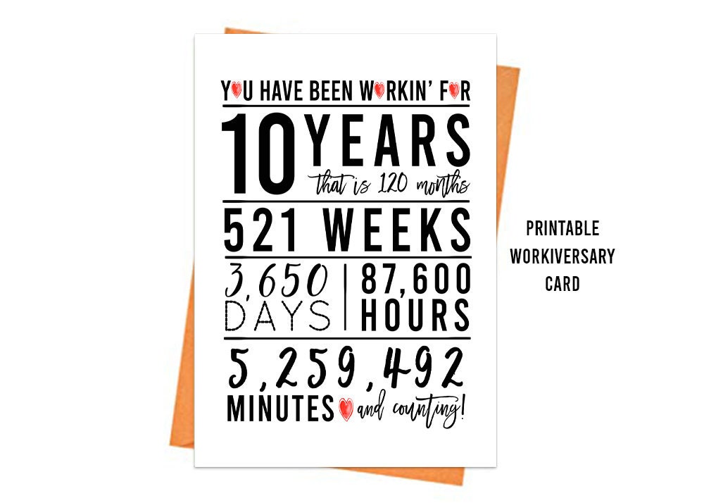 10th Work Anniversary Card, PRINTABLE Anniversary Card, 10th ...