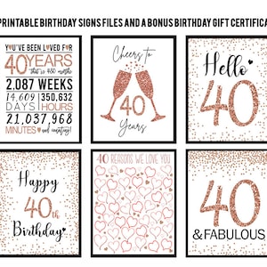 Rose Gold Decorations 40th Birthday Printable, 40th Birthday Signs for ...